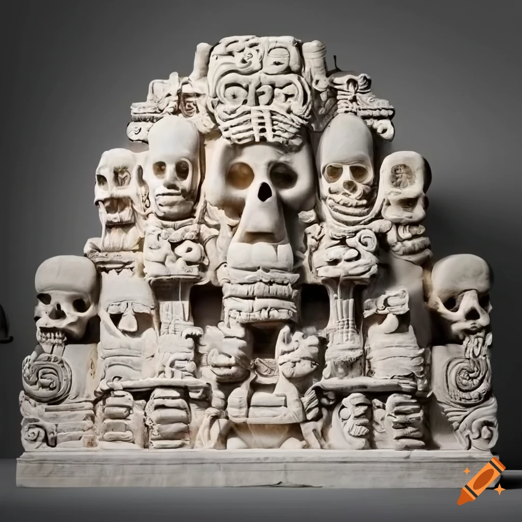 Marble sculpture of skeletons in a Mayan style inspired by Stanisław ...