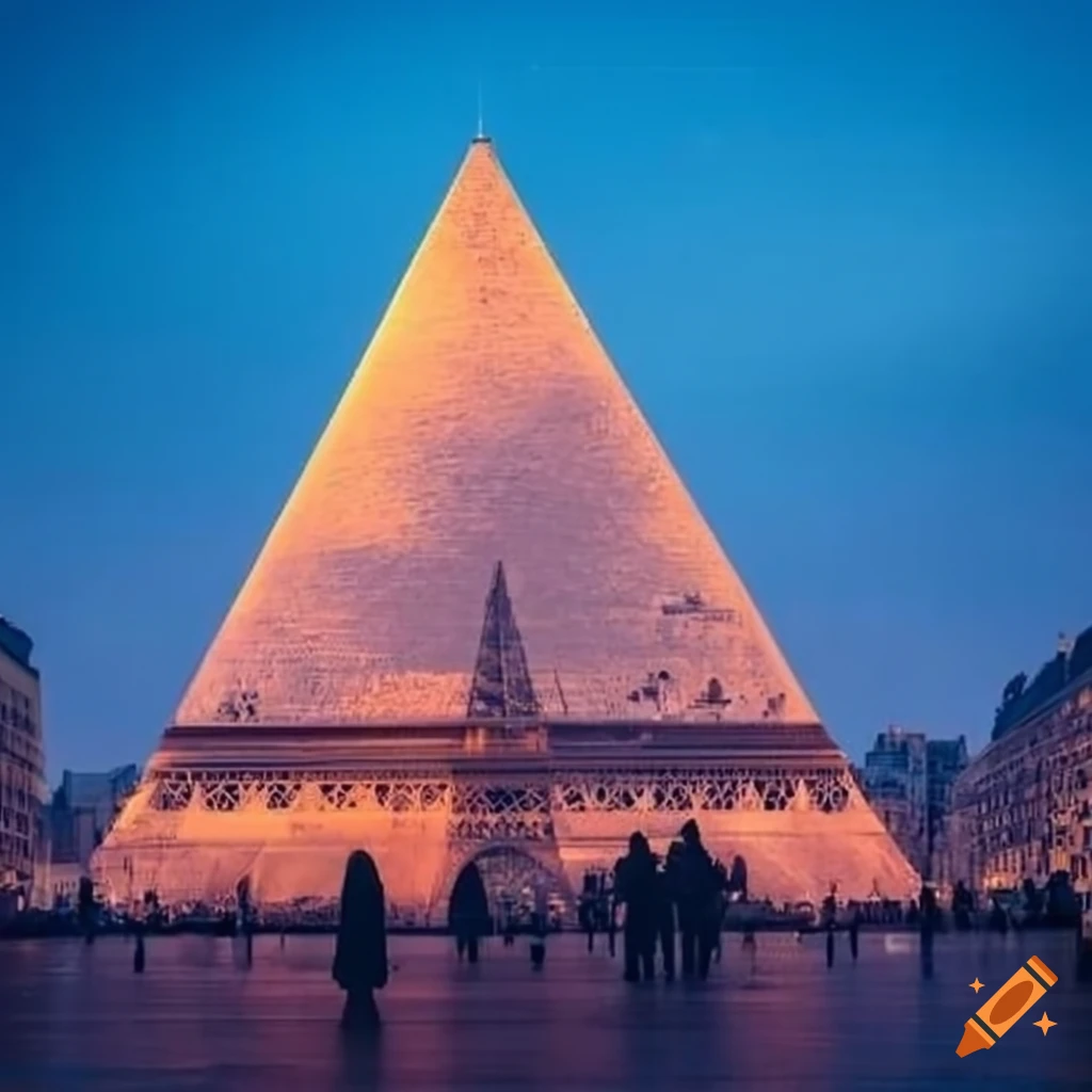 Pyramid in the middle of a city with a crowd of people on Craiyon