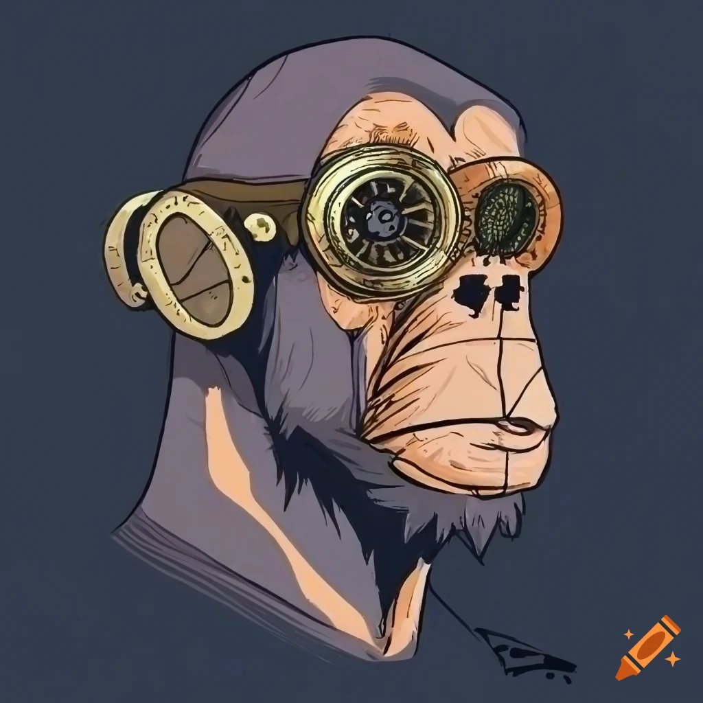 Ape with steampunk goggles in profile in marvel comic style on Craiyon
