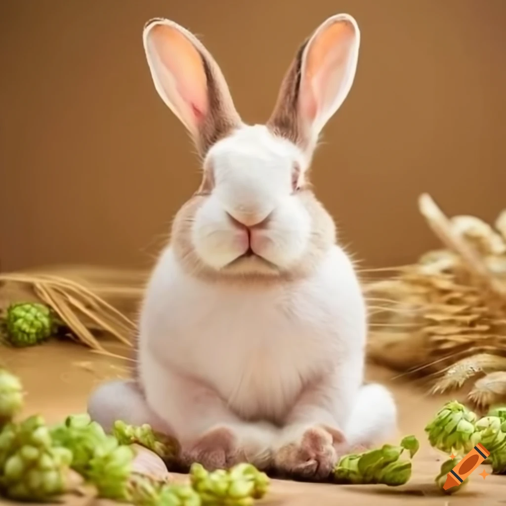 Rabbit meditating in lotus position surrounded by wheat and hops on Craiyon