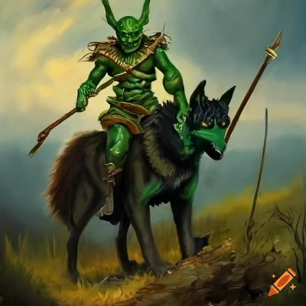 Green goblin rider with a spear on a black wolf in the plains painted ...