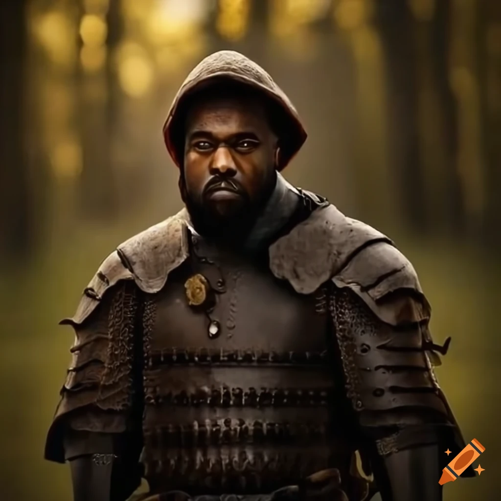 Medieval portrait of a bearded man in armor holding a sword in a forest ...