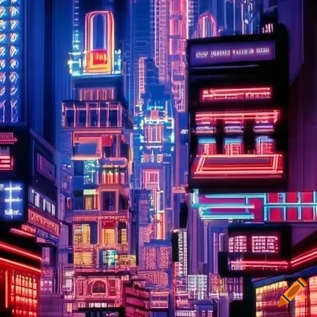 1980's retro sci-fi metropolis with neon structures and advanced ...