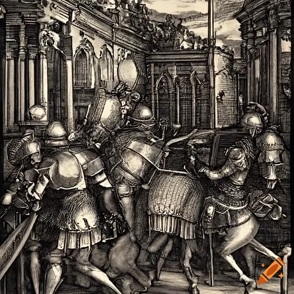 Albrecht durer's black and white engraving of an ancient battle scene ...