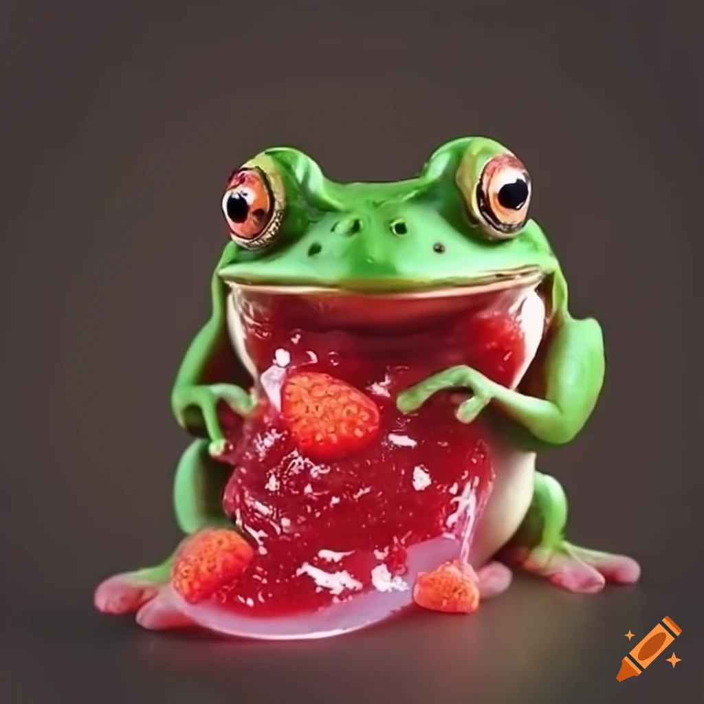 Frog enjoying strawberry jam snack on Craiyon
