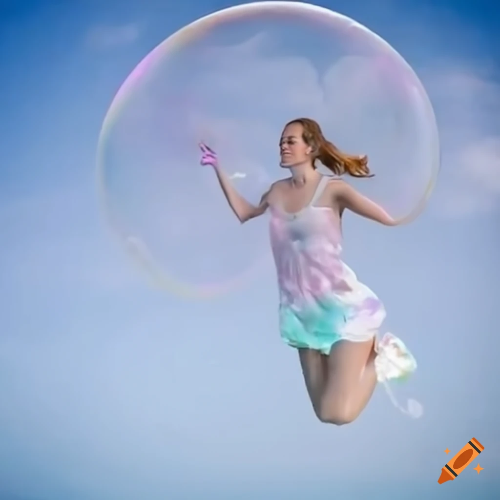 Woman floating in a giant soap bubble in the sky on Craiyon