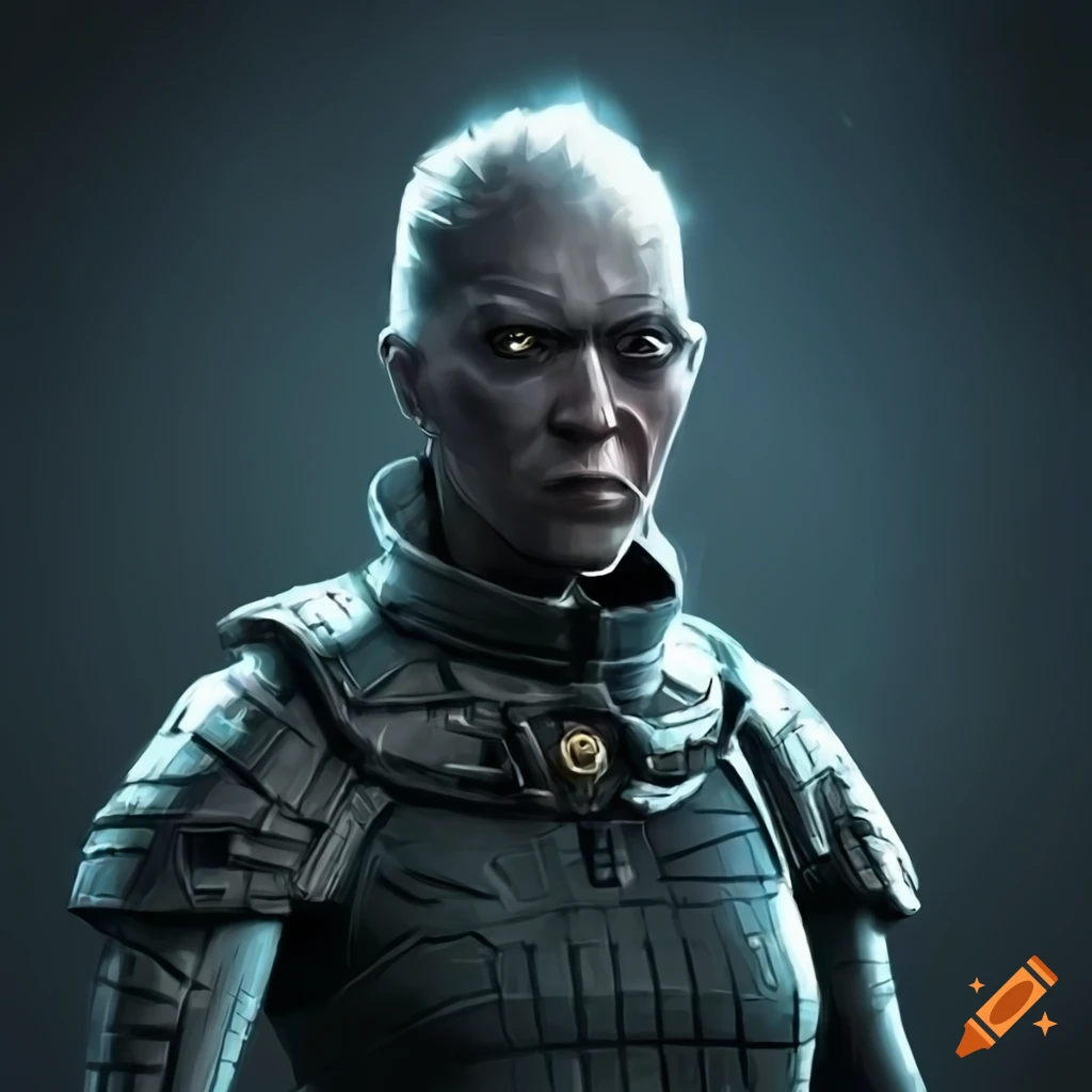 Human starship captain against a dark background on Craiyon