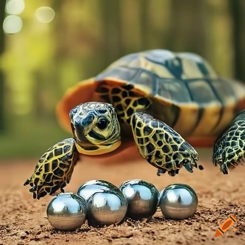 Stylized turtle playing pétanque with a bottle of alcohol in a forest ...