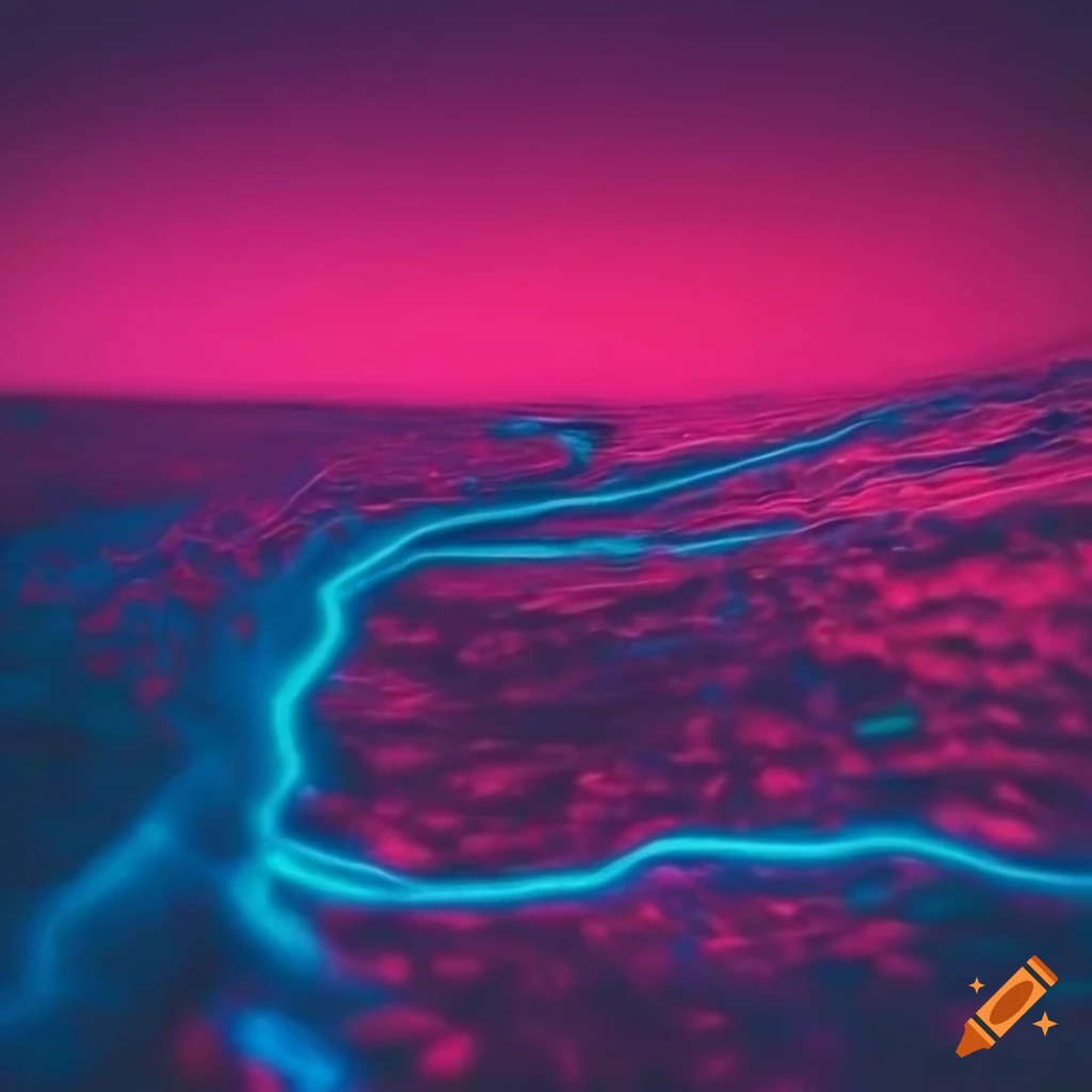 Surreal liminal landscape with neon pop contrasting colors in tech ...