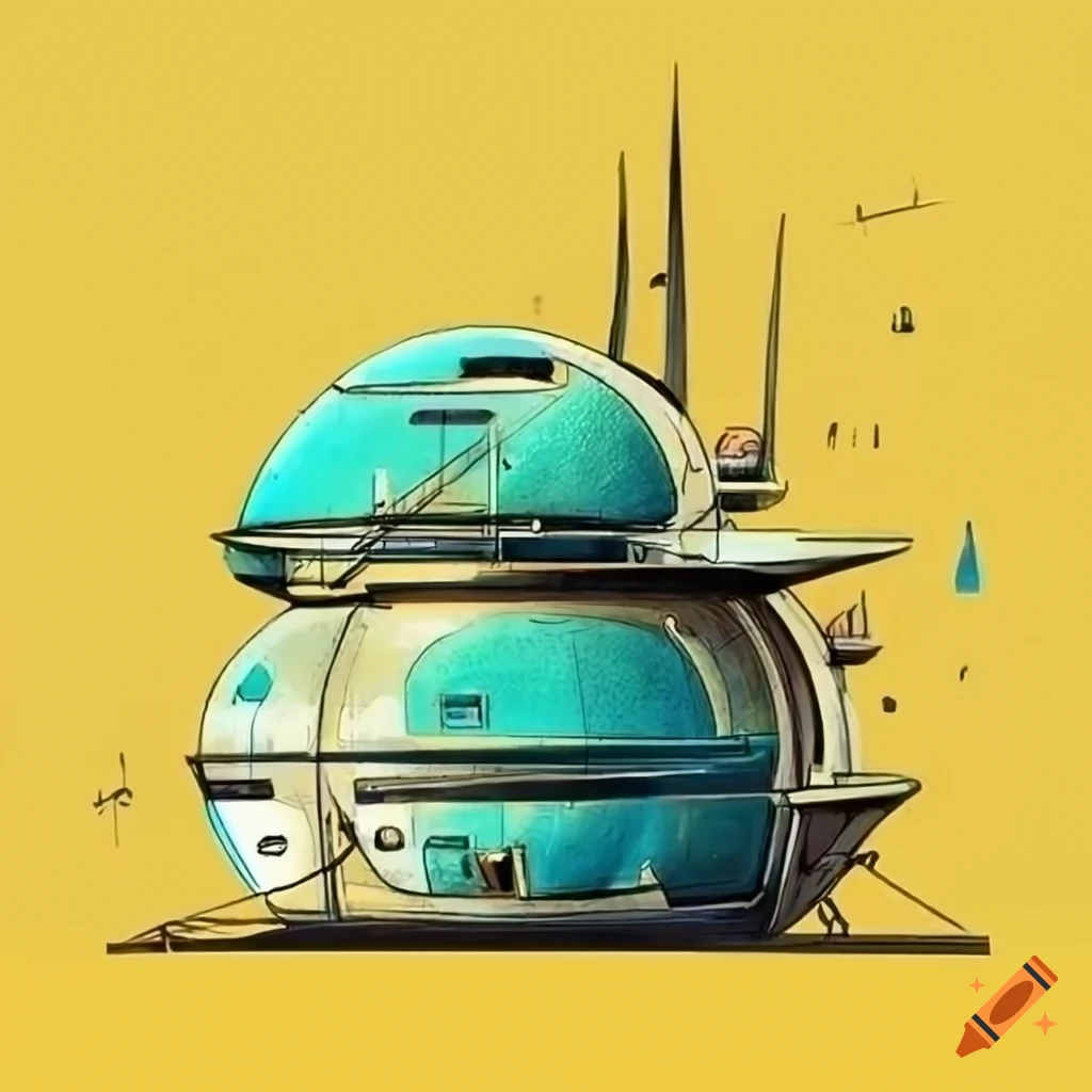 Technical drawing of living pod with unique landing stilts in retro ...