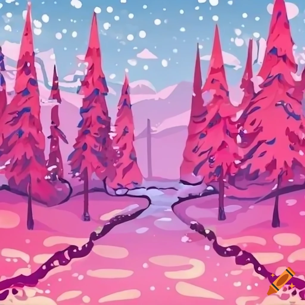 Pink forest covered in snow on Craiyon