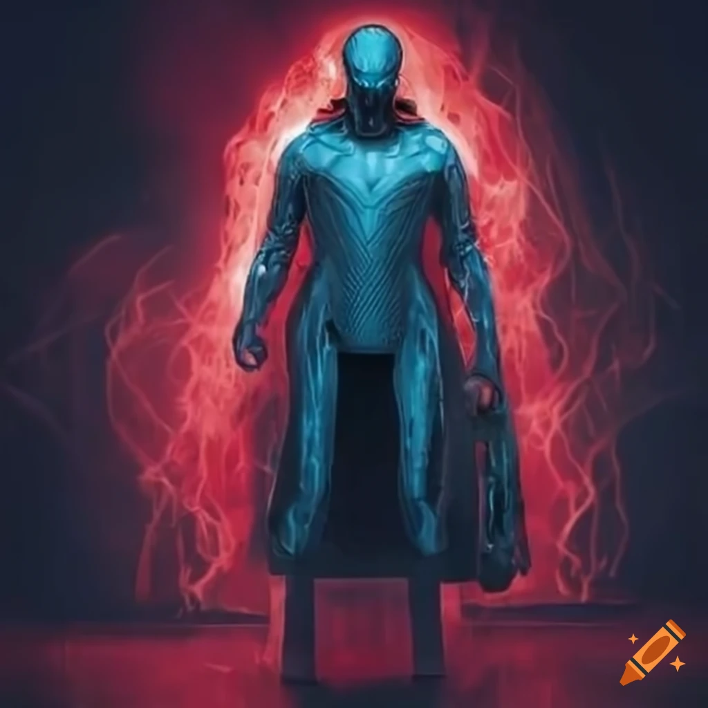 Superhero emitting magnetic energy in a futuristic trench coat on Craiyon