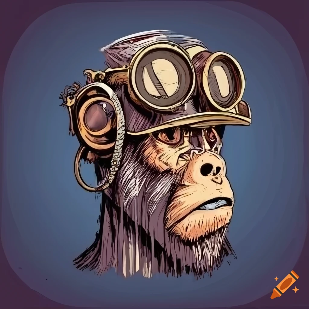 Ape with steampunk goggles in profile, illustrated in Marvel comic book ...