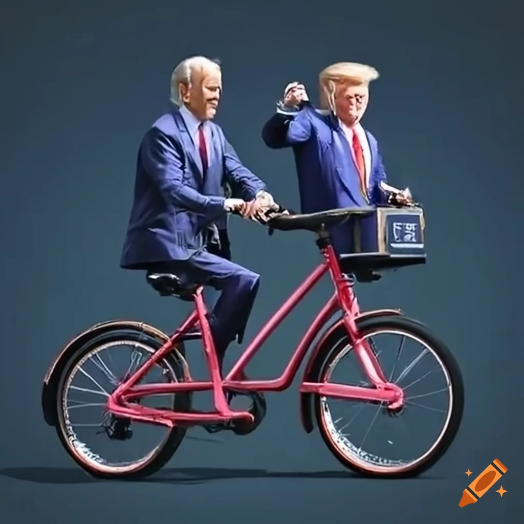 Joe biden and donald trump riding a two-person bike together on Craiyon