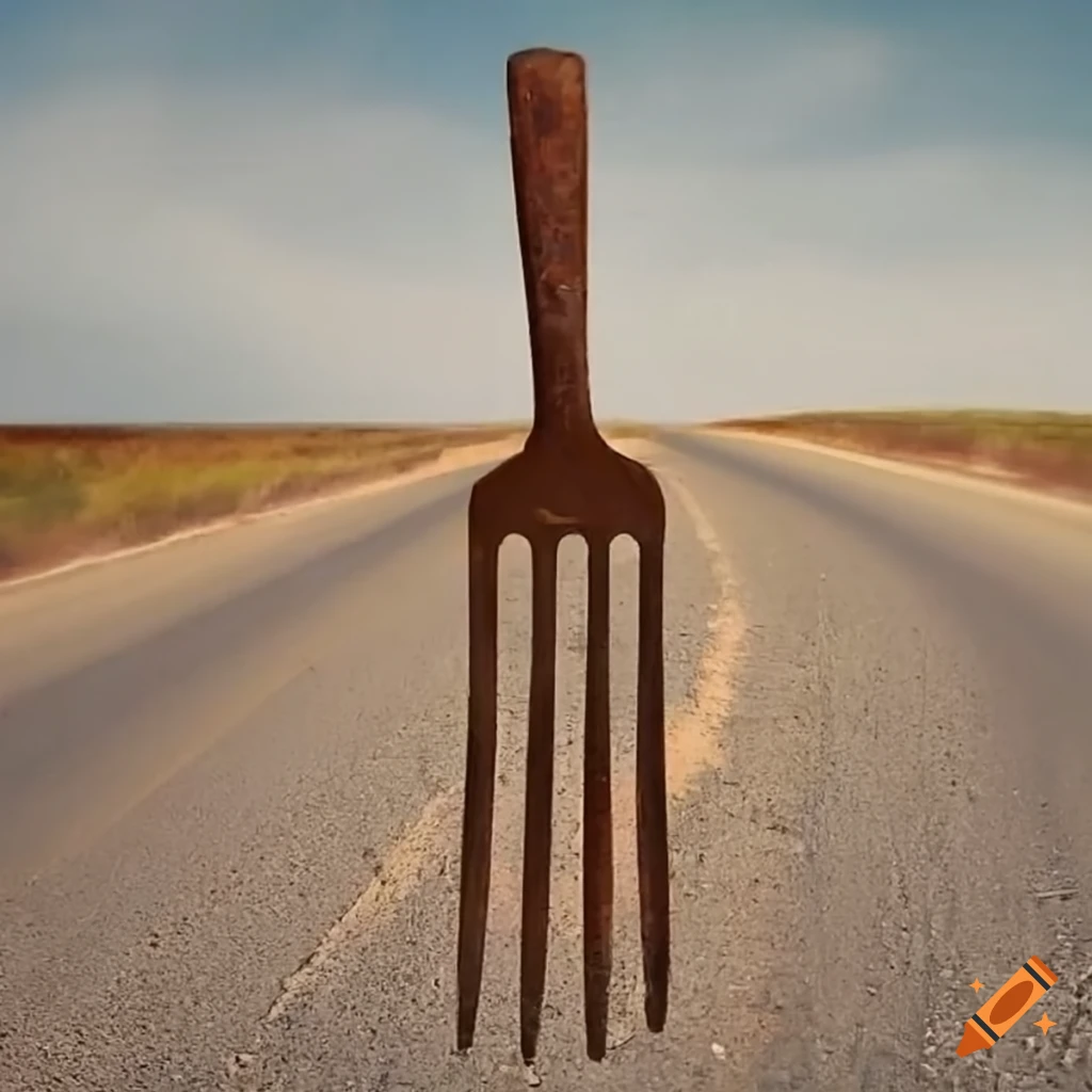 Large rusted fork at a crossroad on Craiyon