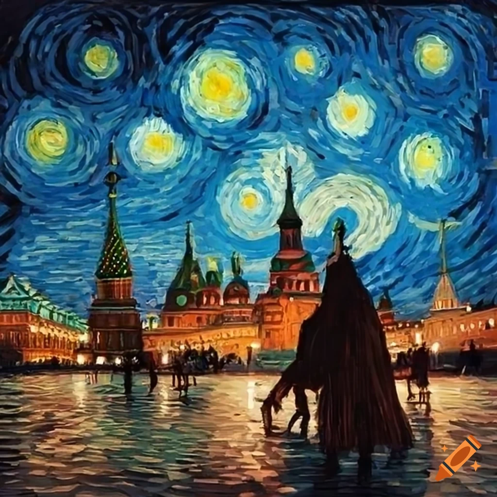 Night van gogh painting in red square, moscow on Craiyon