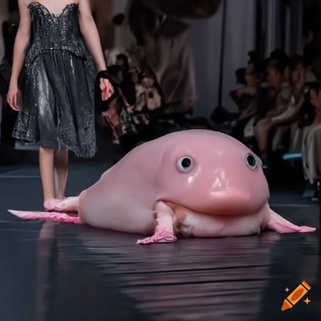 Blobfish as a fashion icon on a runway show on Craiyon