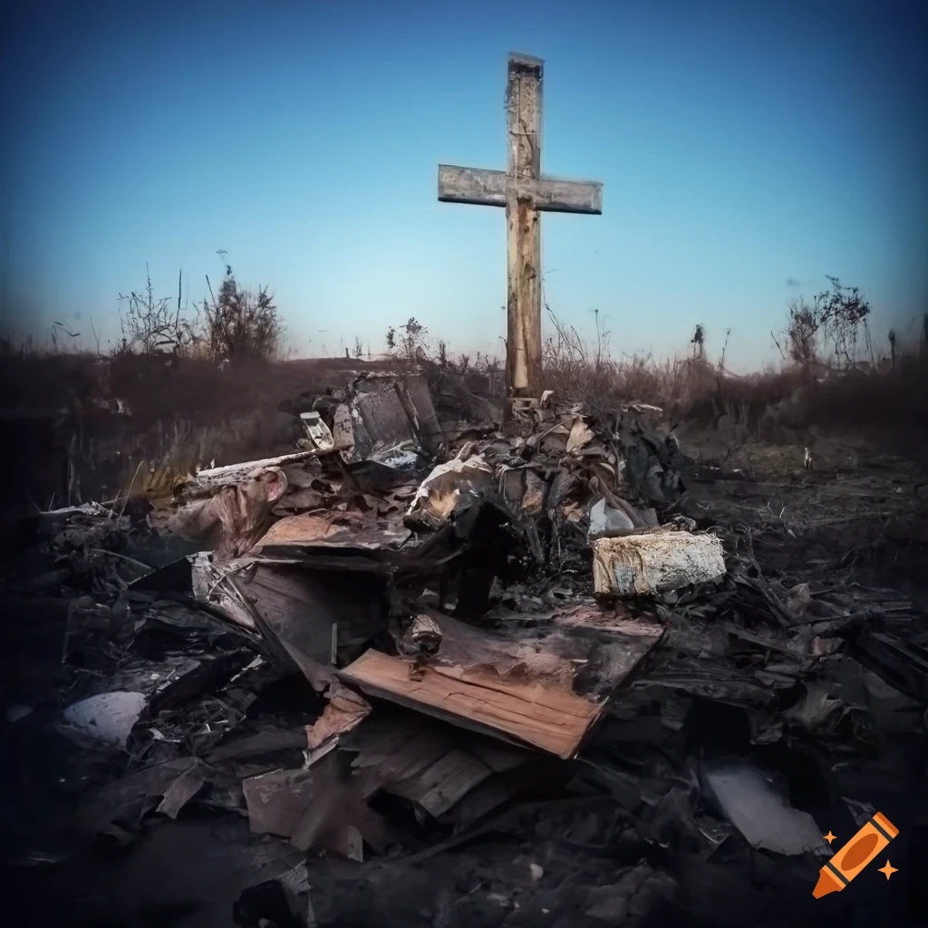 Destroyed altar in a post-apocalyptic junk garbage landscape under soft ...
