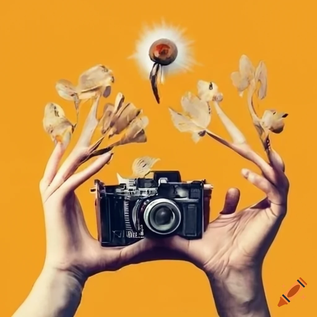 Creative dadaist collage featuring vintage camera, hands, flowers, sun ...