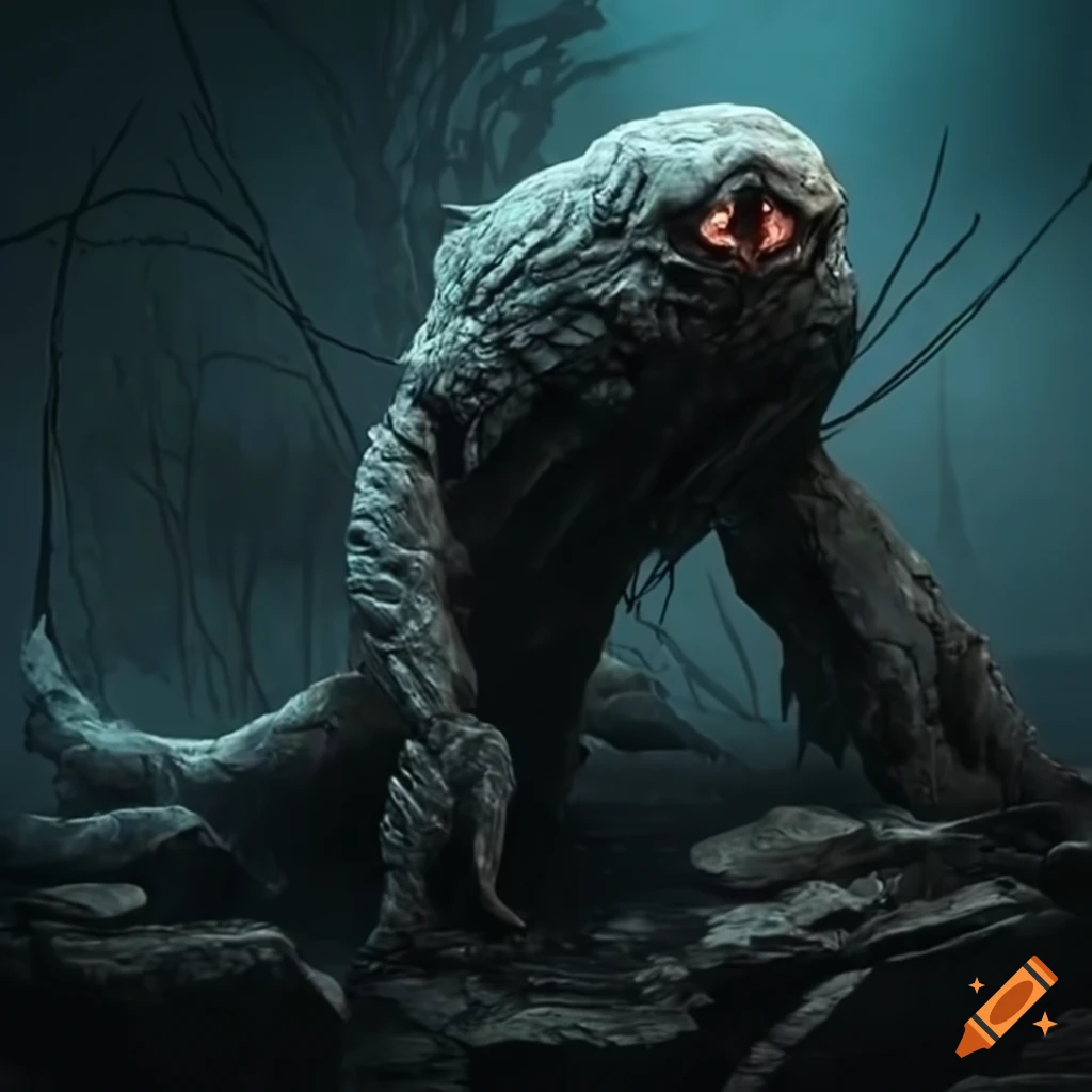 Petrified monster amidst stone debris in an epic and dark atmosphere on ...