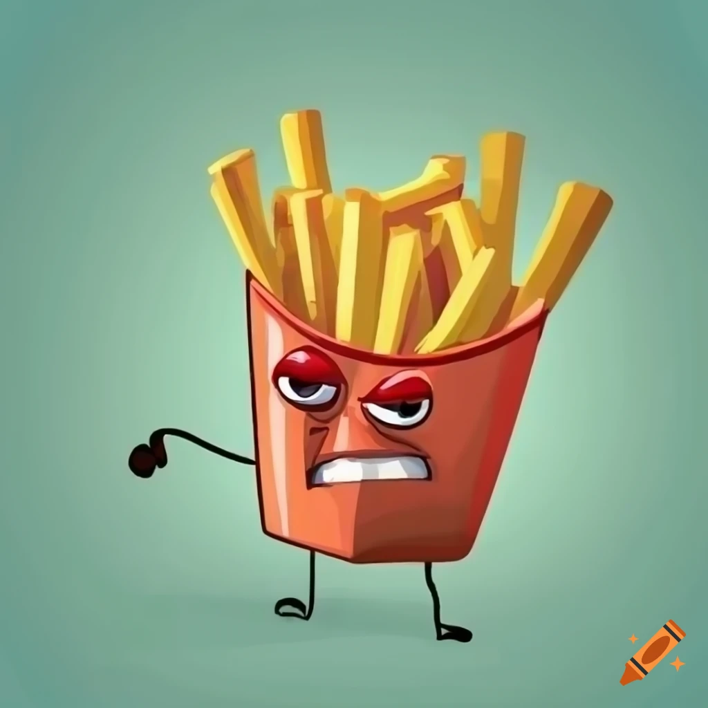 Cartoonish angry french fries characters in 2d style on Craiyon