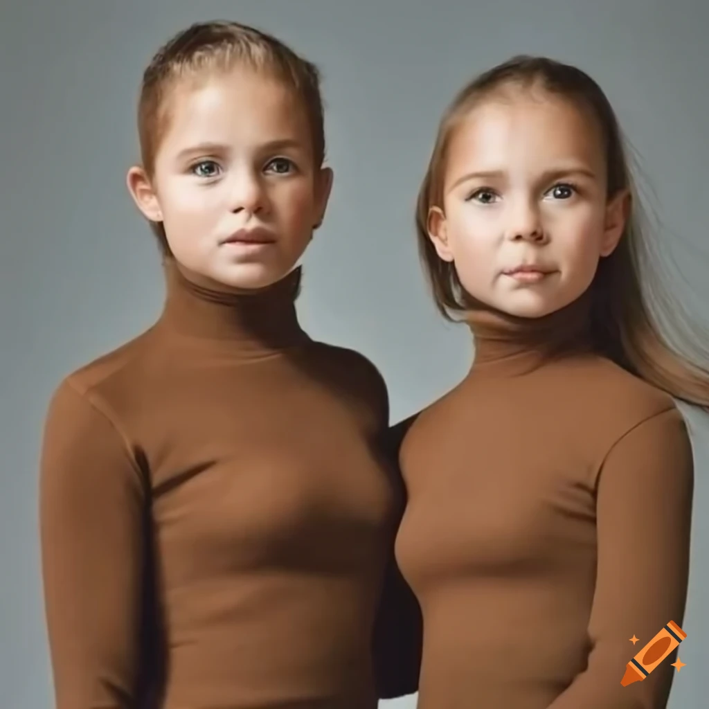 Two cute tween twin sisters in brown turtlenecks looking at camera on ...