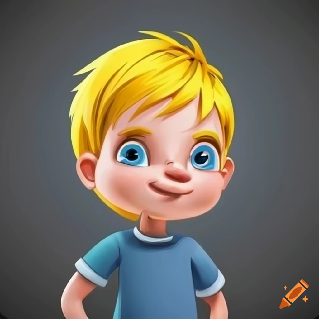 Cartoon boy with yellow hair, blue eyes, and circle nose on Craiyon