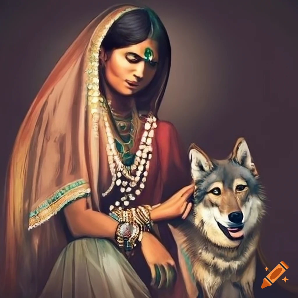 Indian woman with a wolf on Craiyon