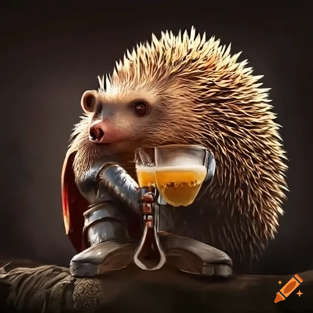 Epic knight enjoying beer on a giant hedgehog on Craiyon