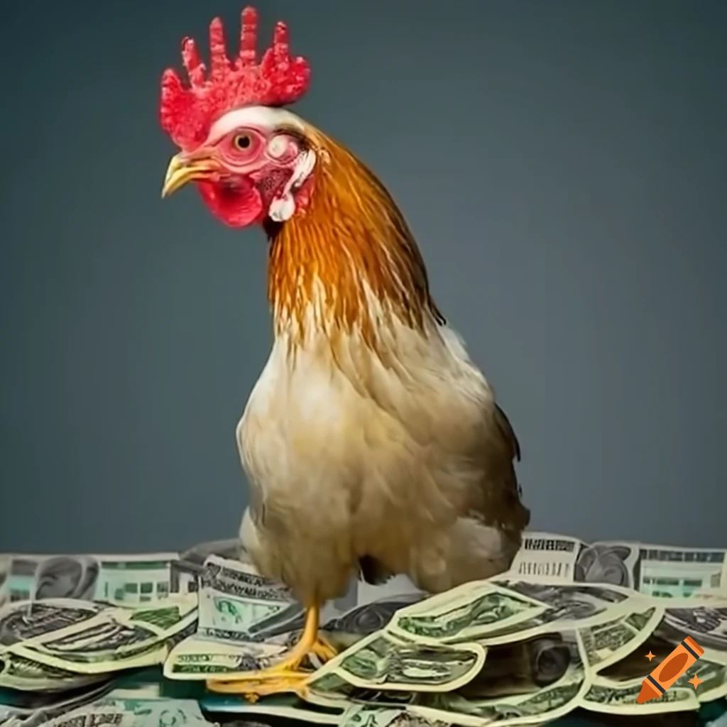 Chicken standing over money on Craiyon