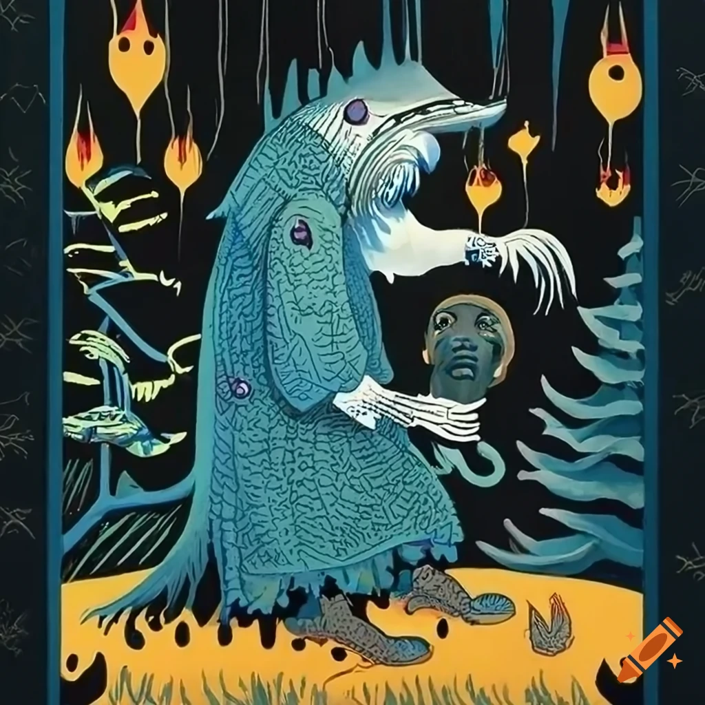 Baba yaga tarot card serigraph with various cultural motifs and designs ...