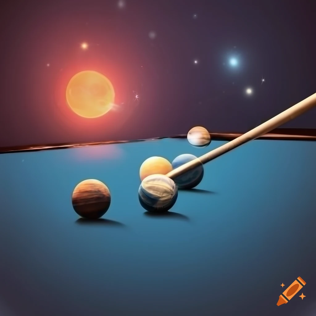 Billiards match in space with planetary balls being hit by Earth cue on Craiyon