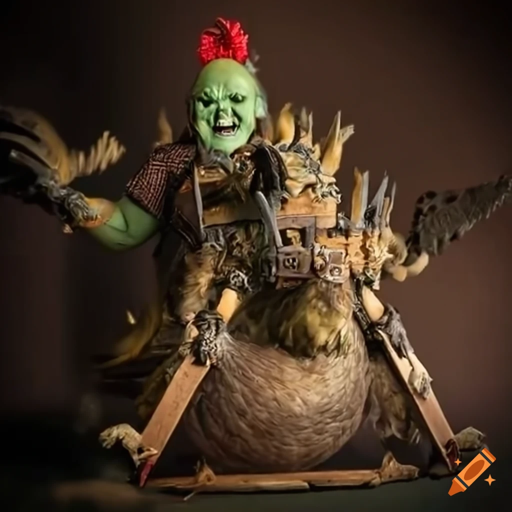 Orc woman riding a mechanical battle chicken on Craiyon
