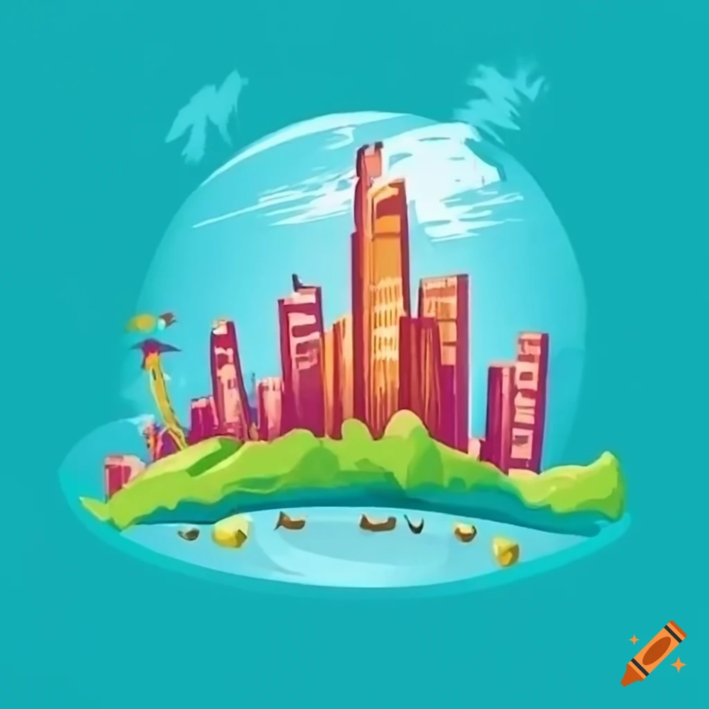 Global city with tree illustrations like a child's drawing on Craiyon