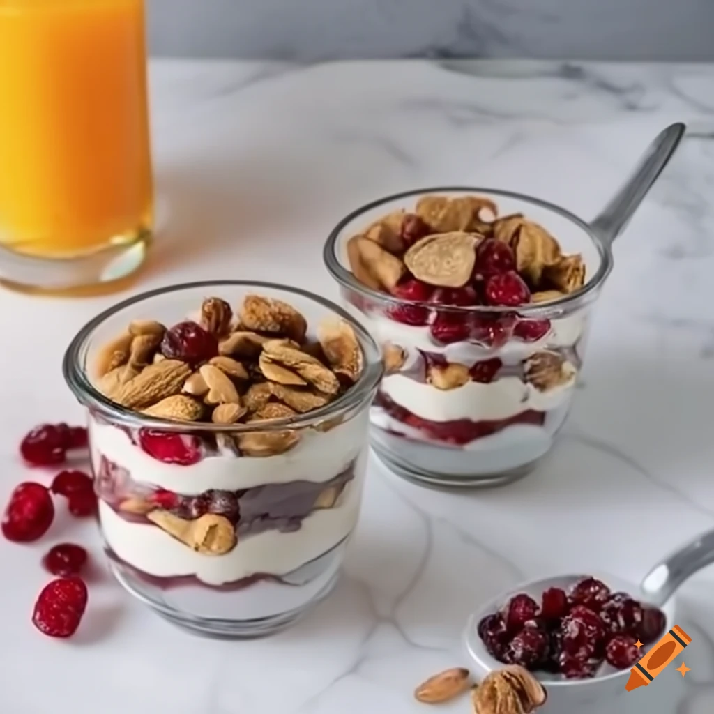 Breakfast parfait with maple walnuts, salted almonds, and chocolate ...