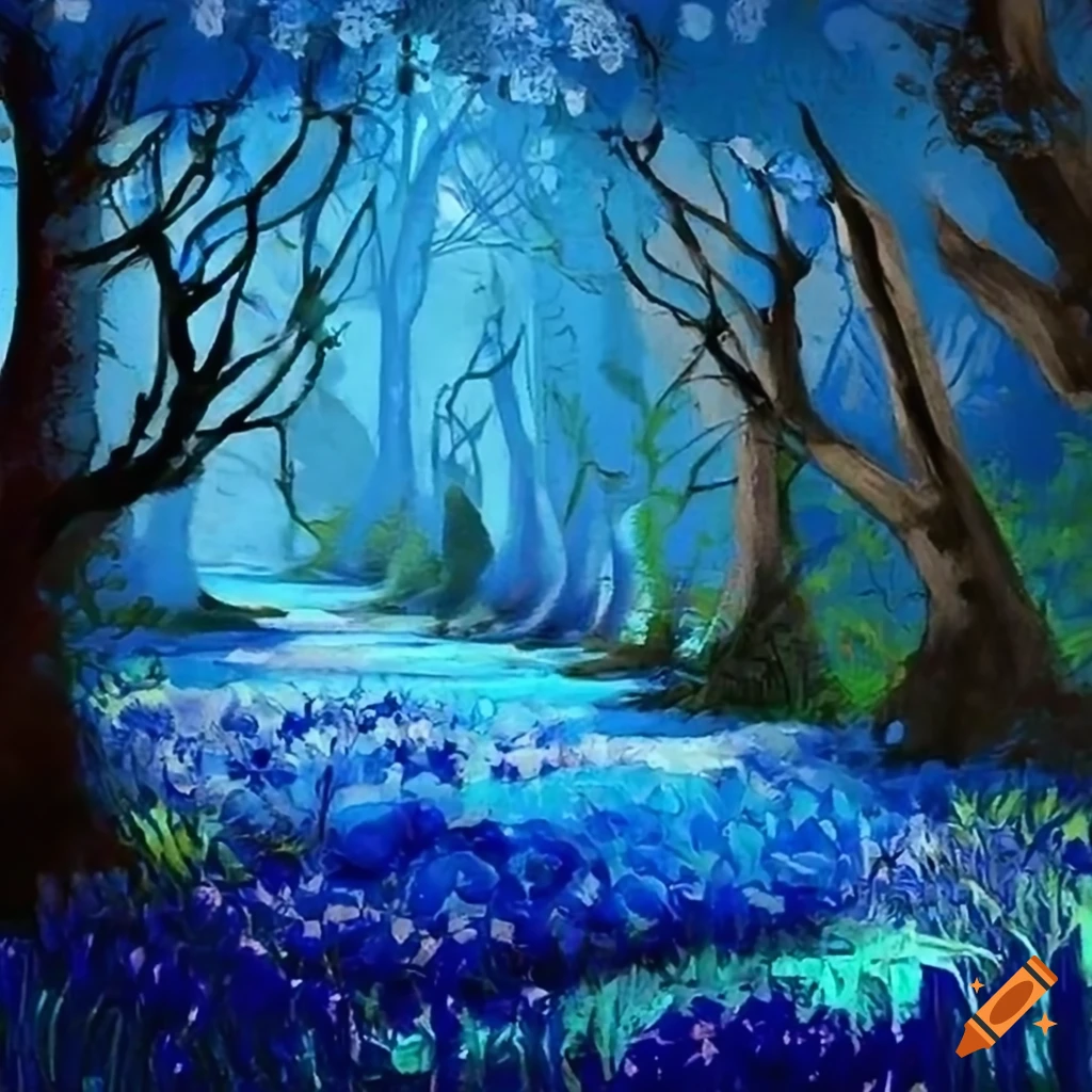 Blue flowers and trees in a serene botanical setting on Craiyon