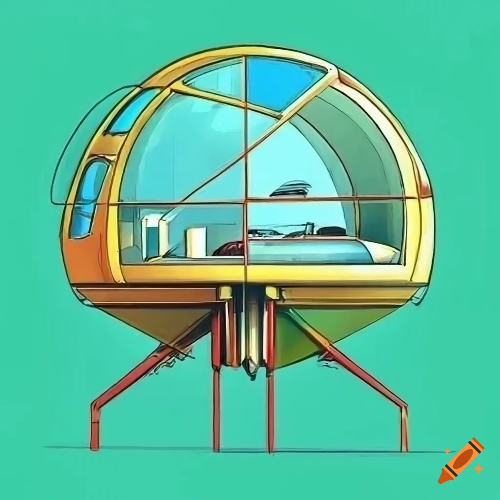 Technical drawing of living pod with unique landing stilts in retro ...