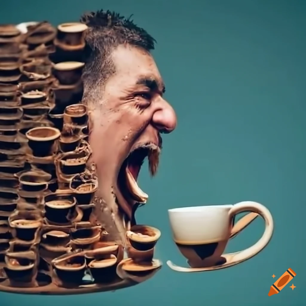 Italian man with a beard yelling in front of a tower of espresso cups ...