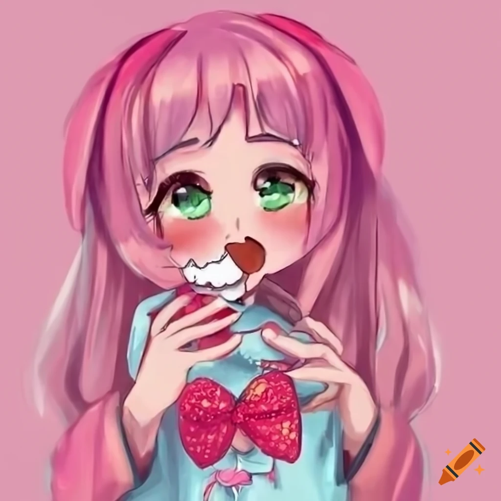 Kawaii pink bunny girl enjoying a strawberry snack on Craiyon