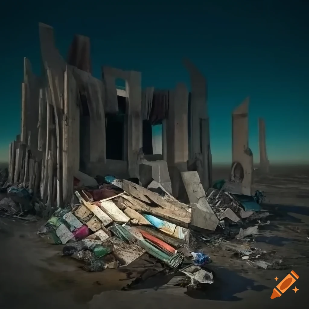 Destroyed altar in a junk garbage web in a post-apocalyptic landscape ...