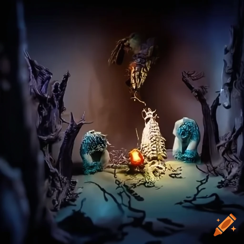Tim burton style diorama of creatures performing a ritual on Craiyon