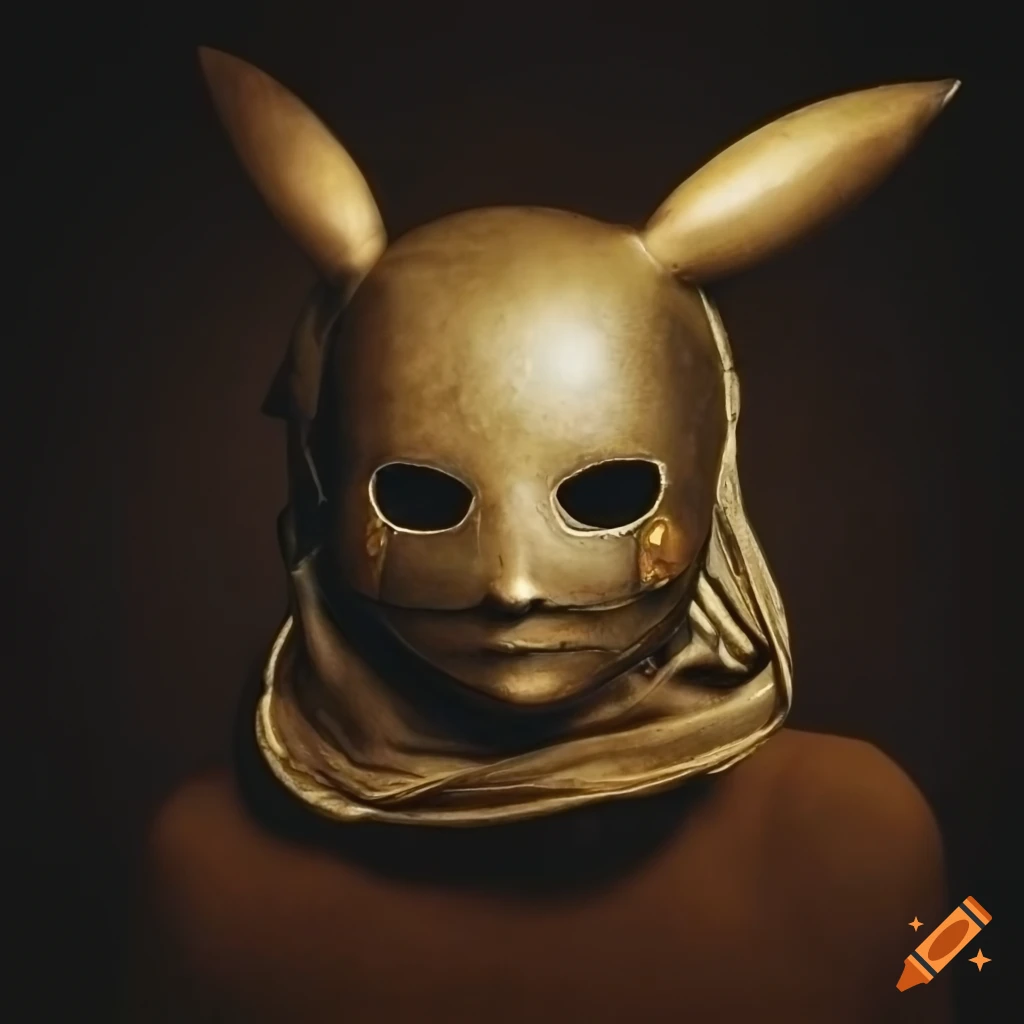 Ancient bronze battle mask inspired by pikachu, historical relic on Craiyon