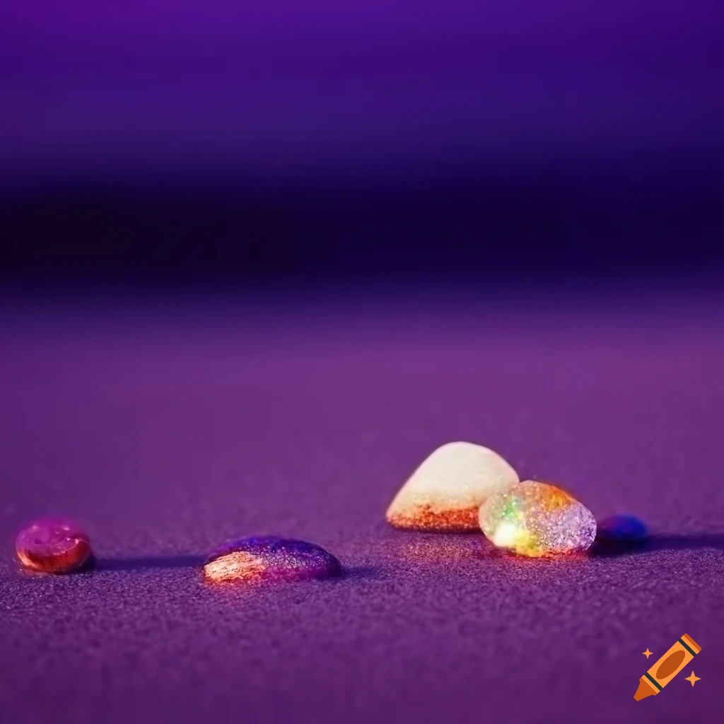 Glittering gemstones with a purple sandy beach in the background on Craiyon