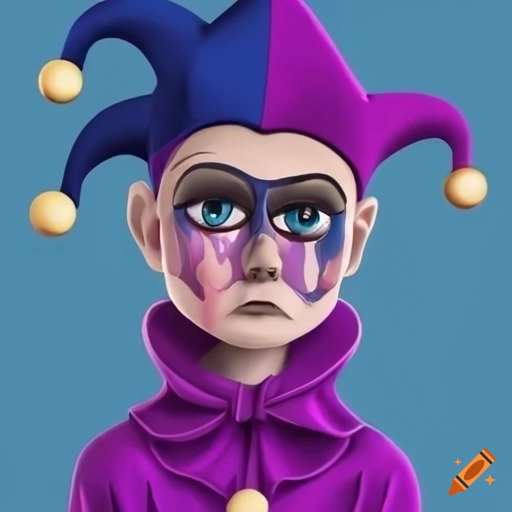 Sad jester human in dark blue and purple card animation for kids on Craiyon