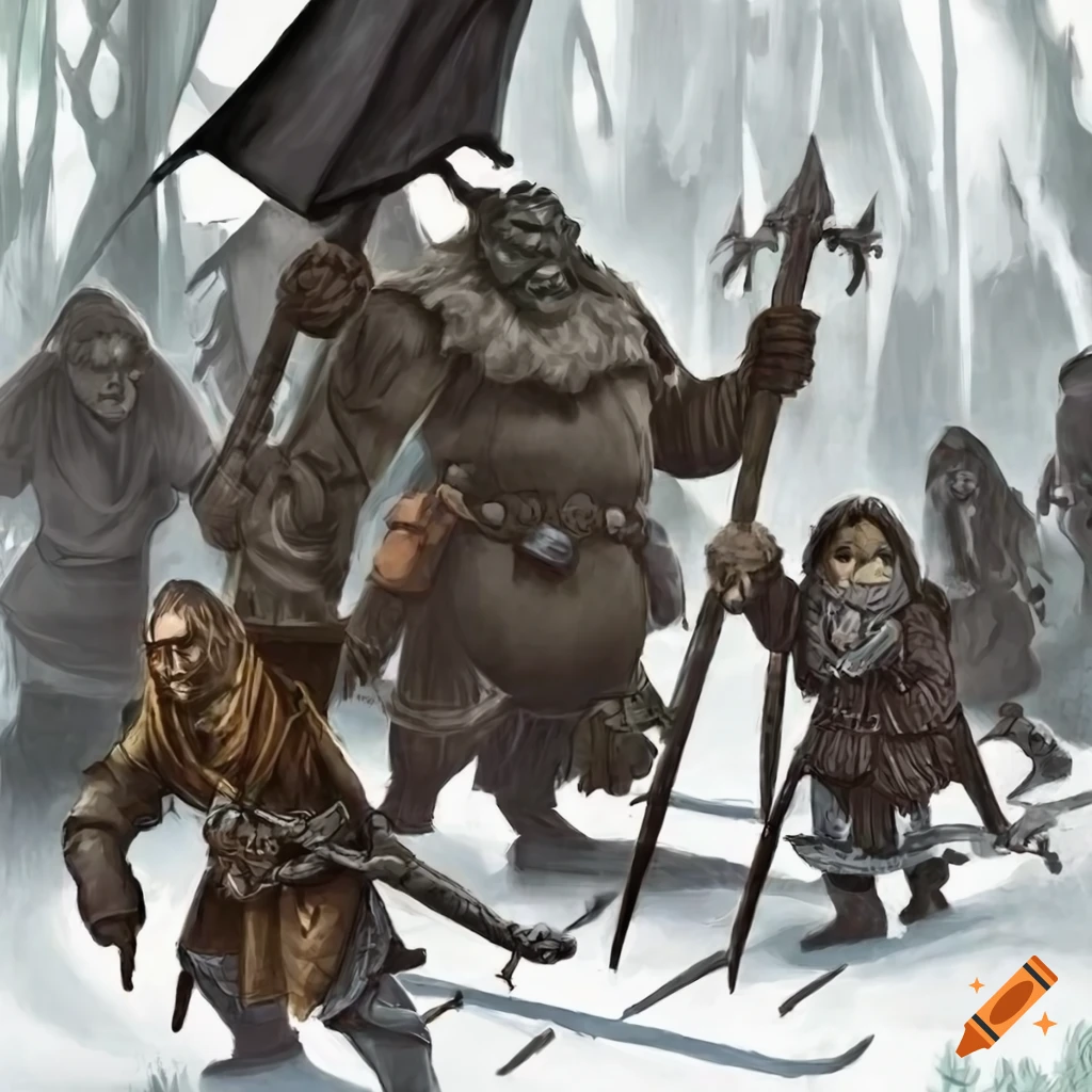 Ink drawing of hobbits, dwarfs, elves, and orcs skiing in middle earth ...