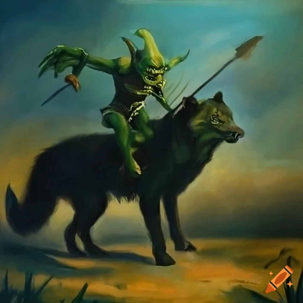 Green goblin rider with a spear on a black wolf in the plains painted ...