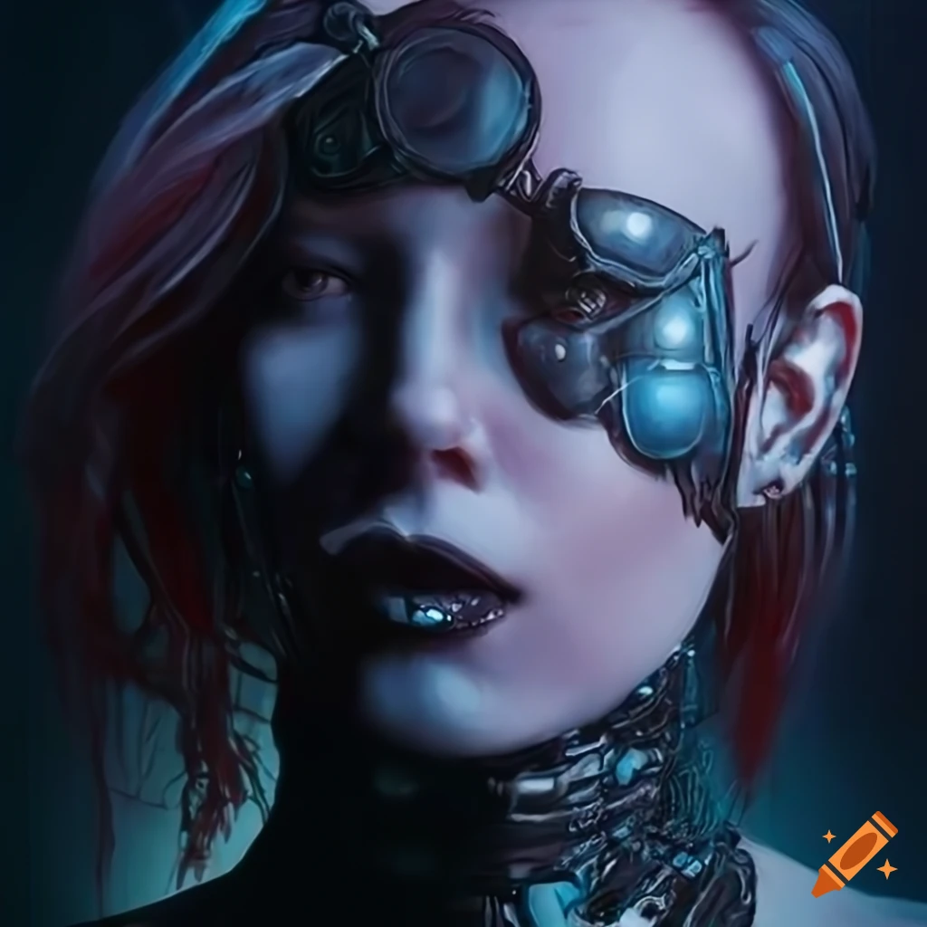 Cyborg goddess with human and cybernetic features in a dark cyberpunk ...