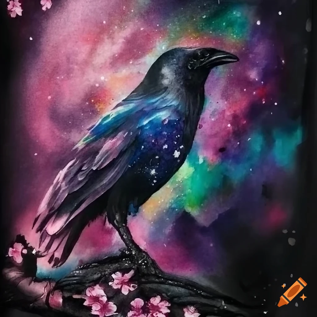 Galaxy cherry blossom crow goth tattoo design with an iridescent touch ...