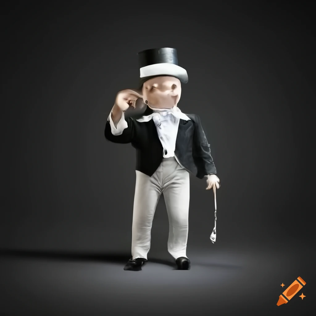 Young man dressed as the monopoly character in white jeans on Craiyon