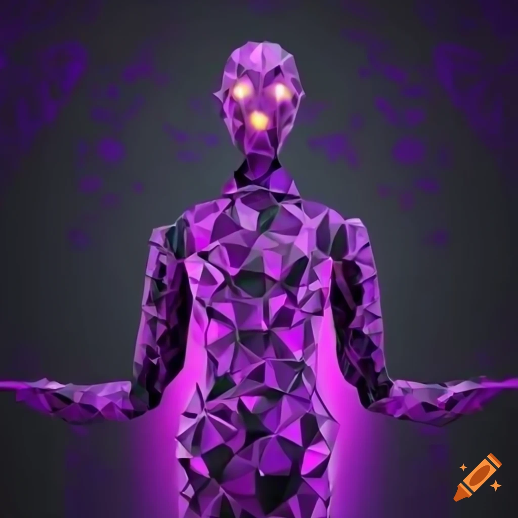 Black and purple geometric humanoid with glowing eyes on Craiyon
